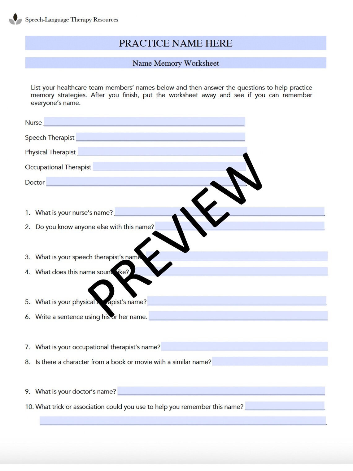 Name Memory Worksheet for Aphasia in Speech Therapy (editable, Fillable ...