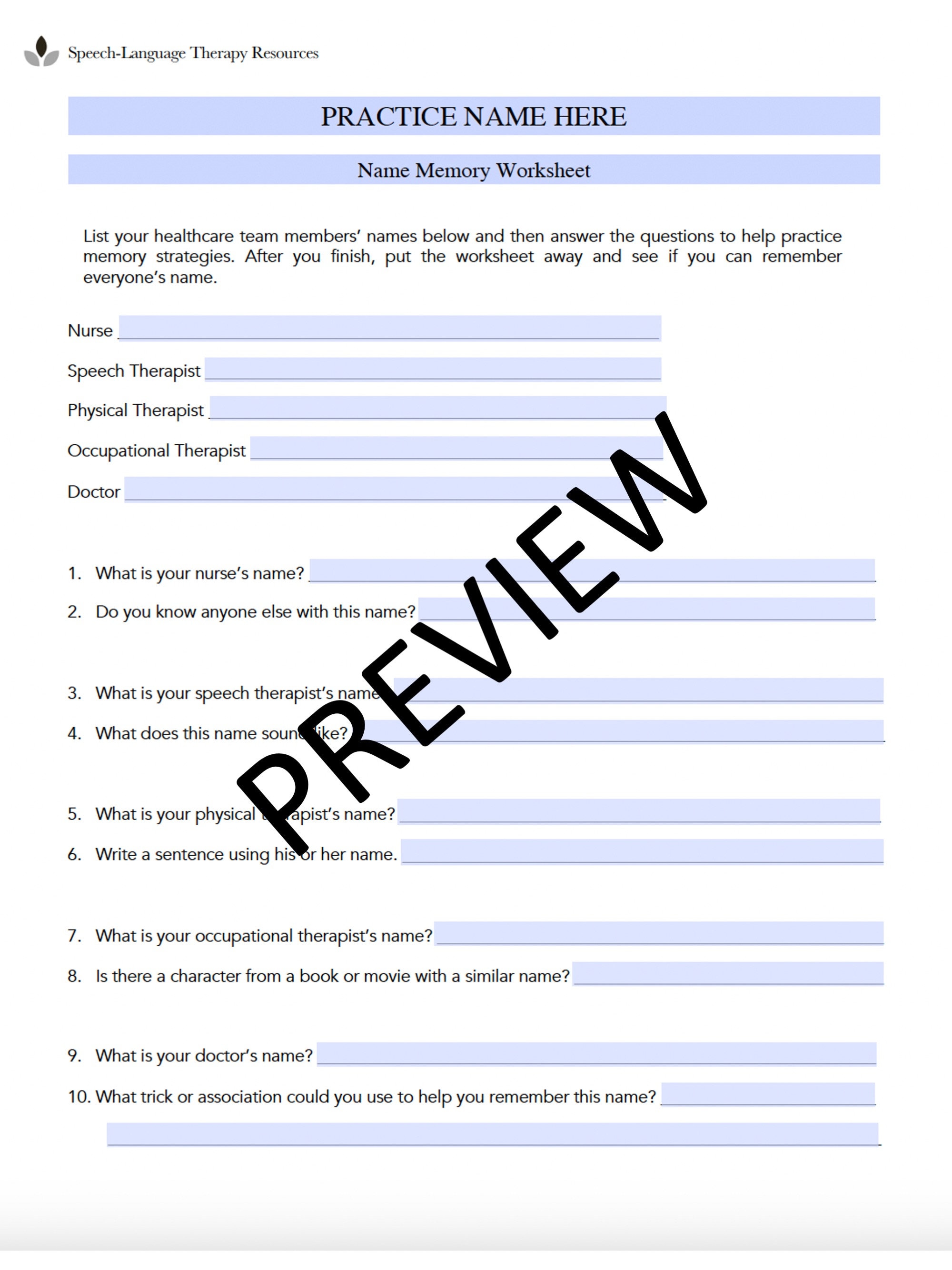 Name Memory Worksheet for Aphasia in Speech Therapy (editable, Fillable ...