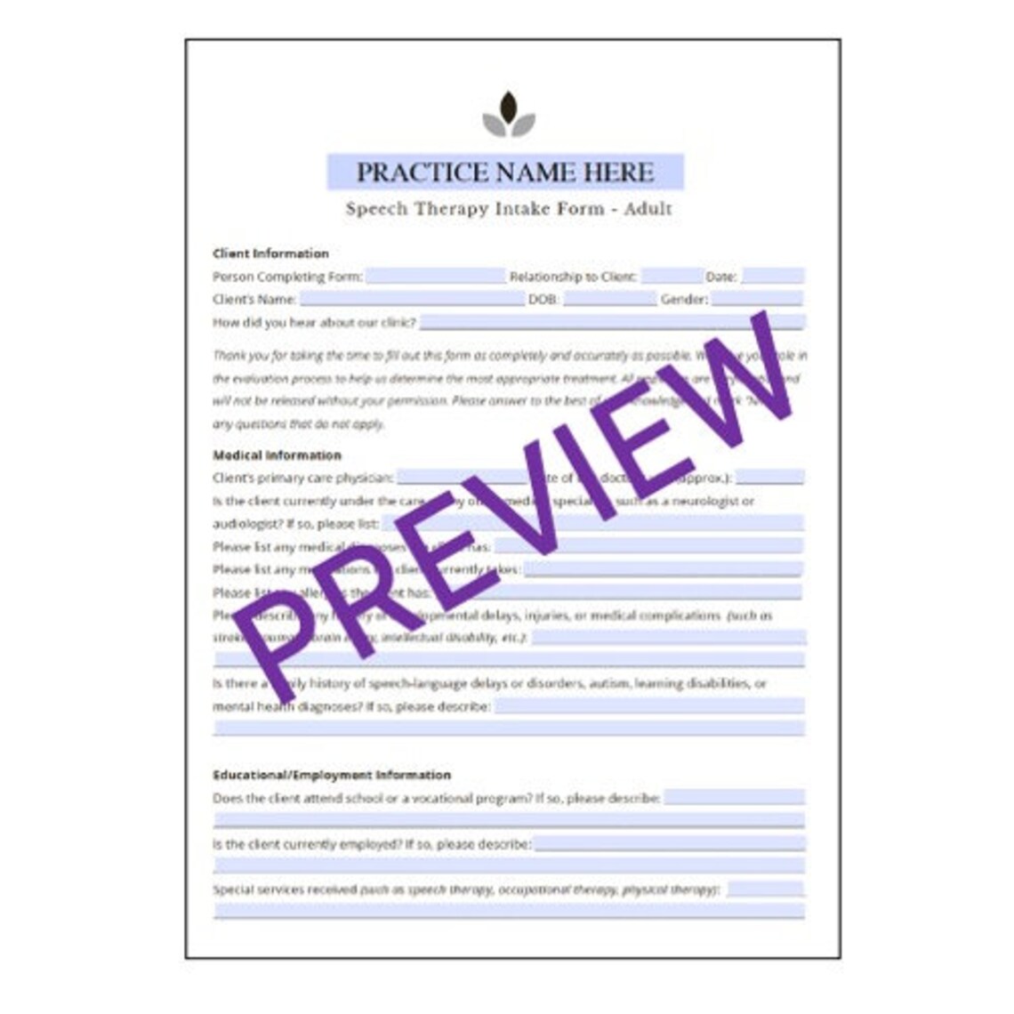 Speech Therapy Intake Form for Adults (editable, Fillable, Printable ...
