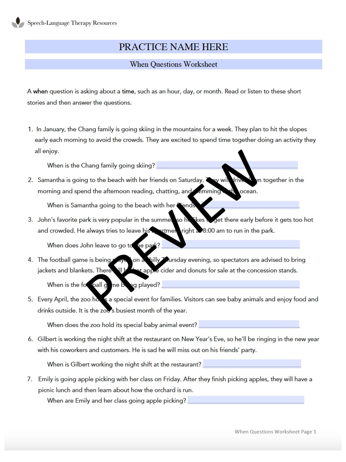 When Questions Worksheet for Speech Therapy (editable, Fillable ...