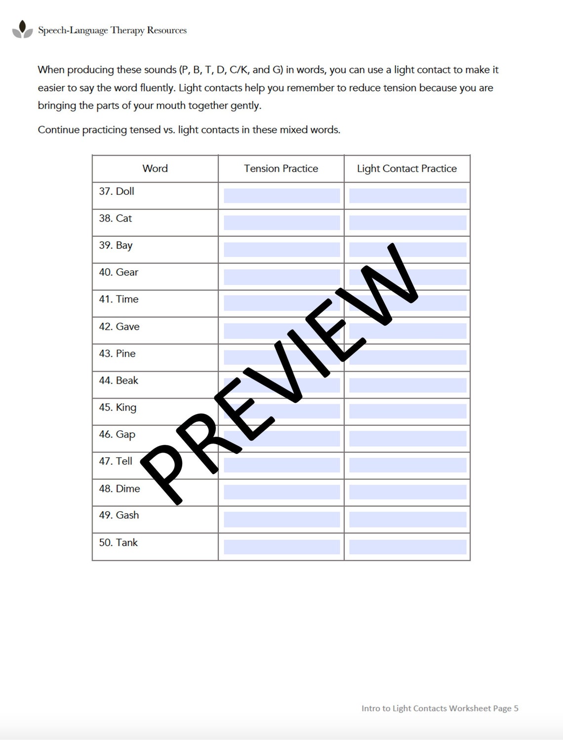 Intro to Light Contacts Worksheet for Speech Therapy (editable ...