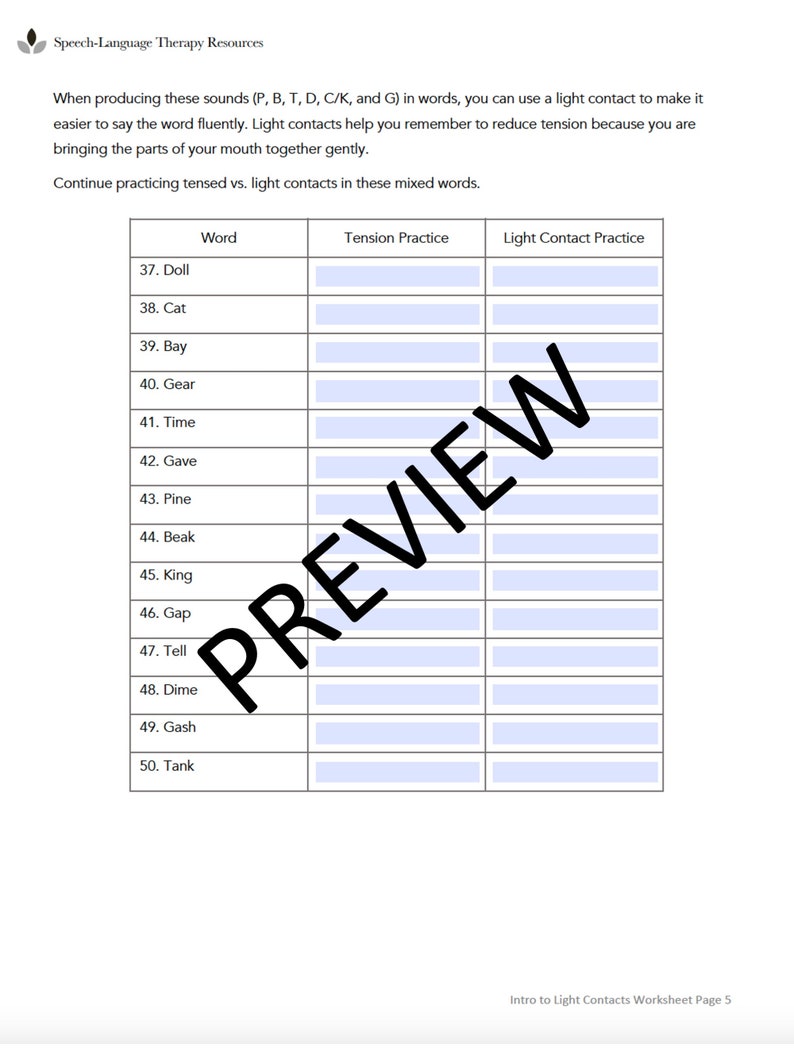 Intro to Light Contacts Worksheet for Speech Therapy - Etsy