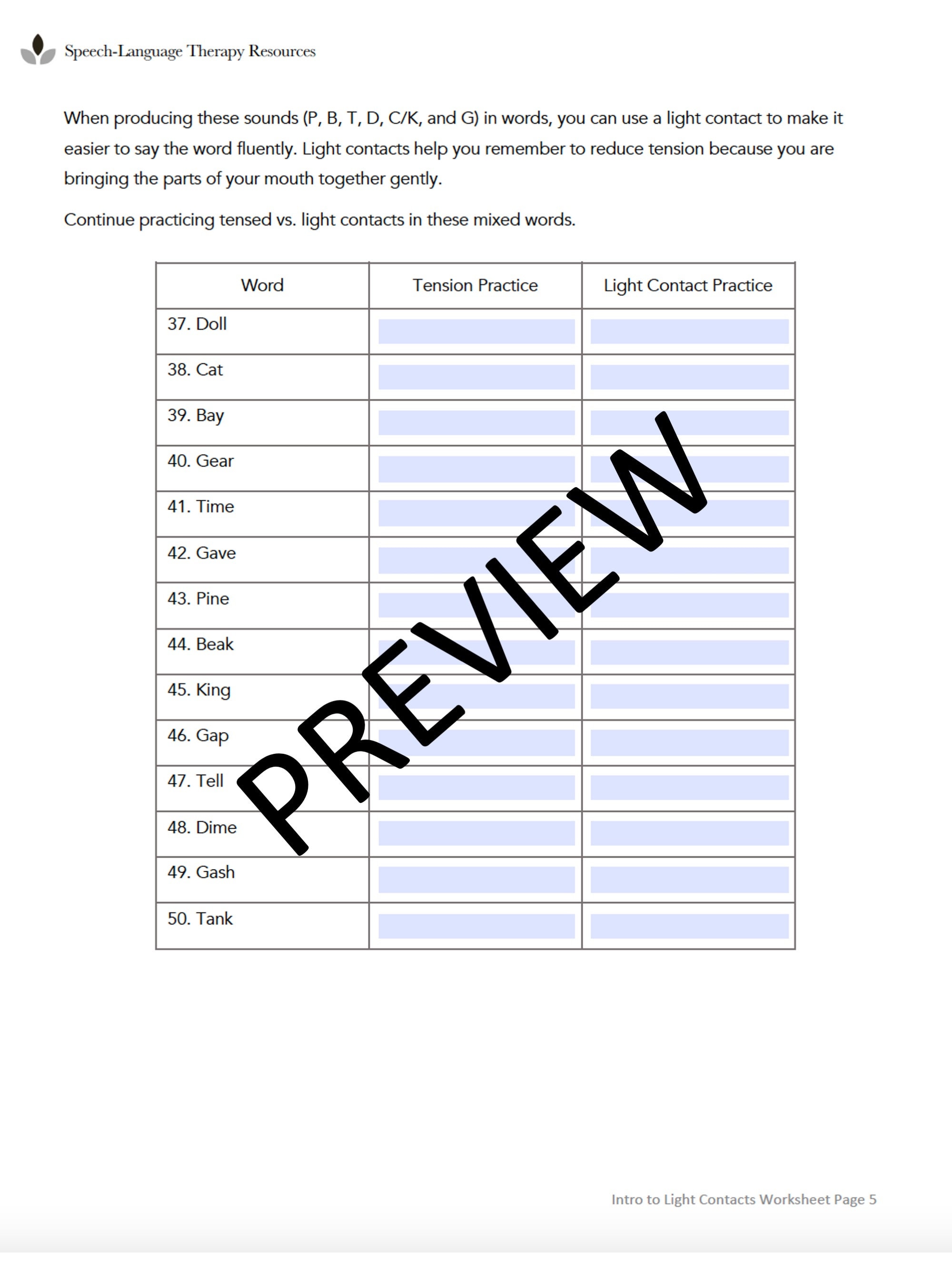 Intro to Light Contacts Worksheet for Speech Therapy (editable ...