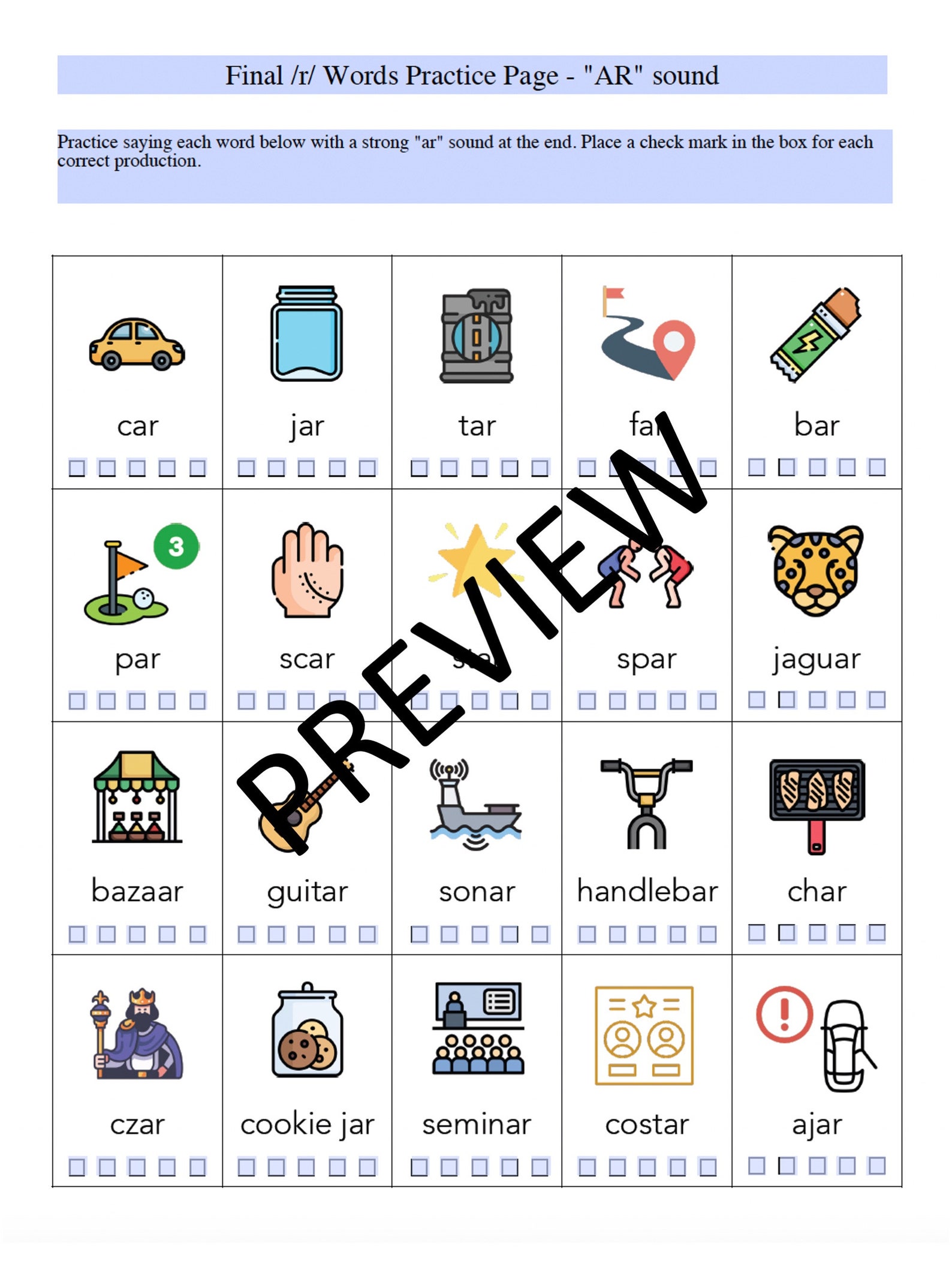 Final /R/ Words “AR” Sound Worksheet for Speech Therapy (editable ...