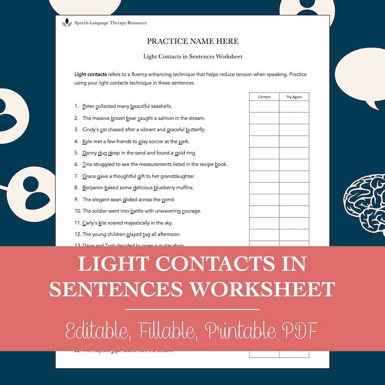 Light Contacts in Sentences Worksheet for Speech Therapy (editable ...