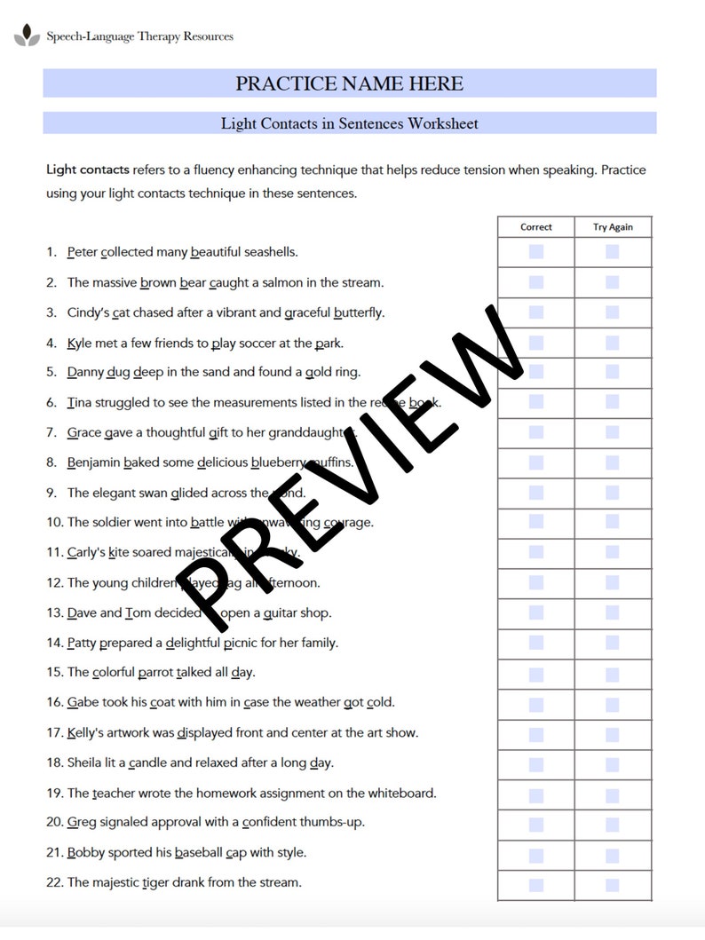 Light Contacts in Sentences Worksheet for Speech Therapy (editable ...