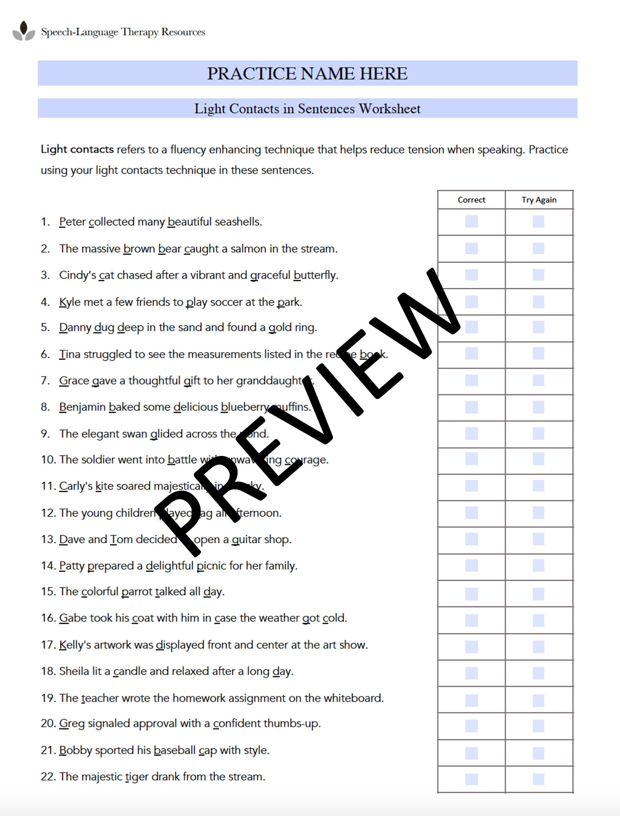 Light Contacts in Sentences Worksheet for Speech Therapy (editable ...
