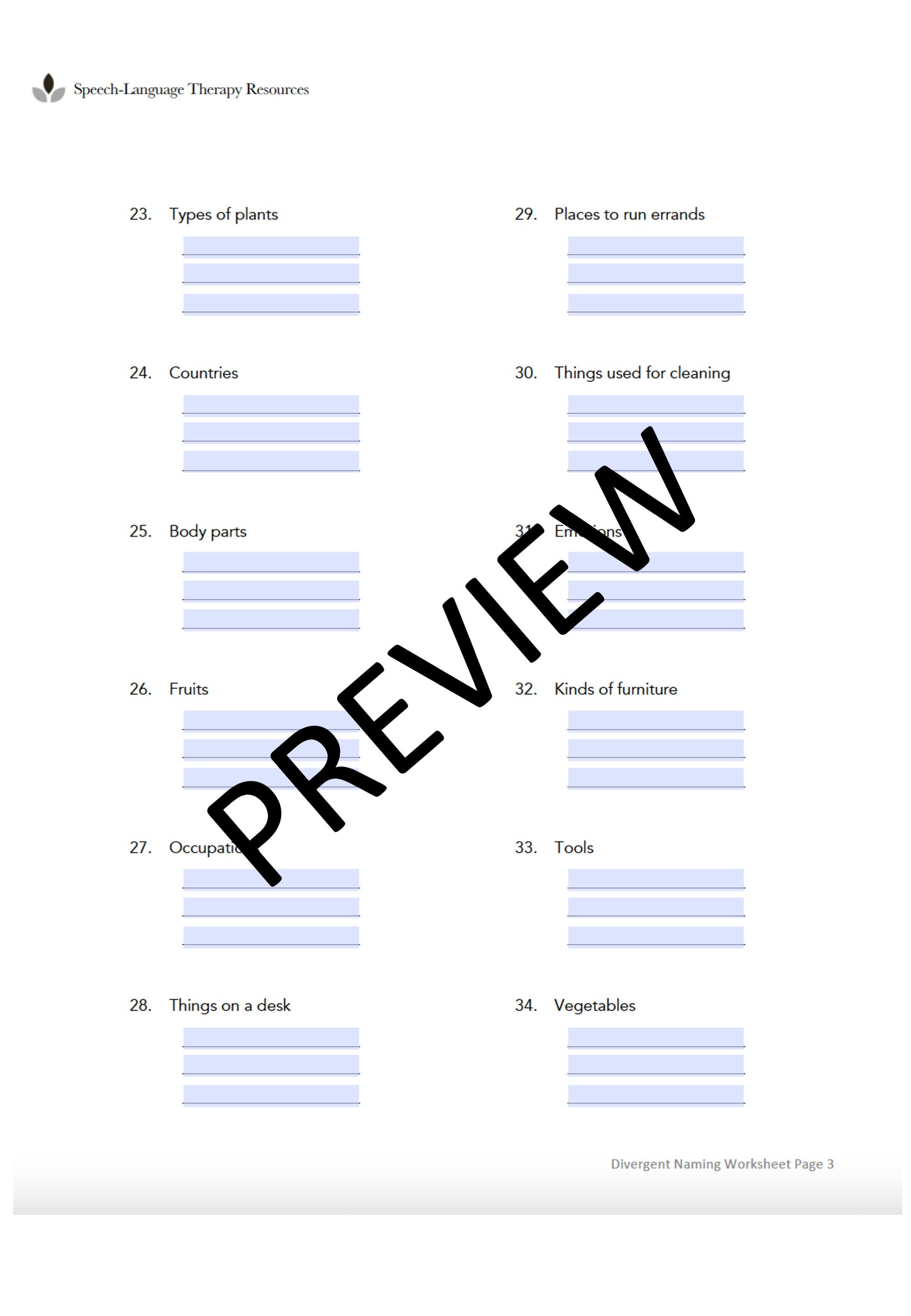 Divergent Naming Worksheet for Aphasia for Speech Therapy - Etsy