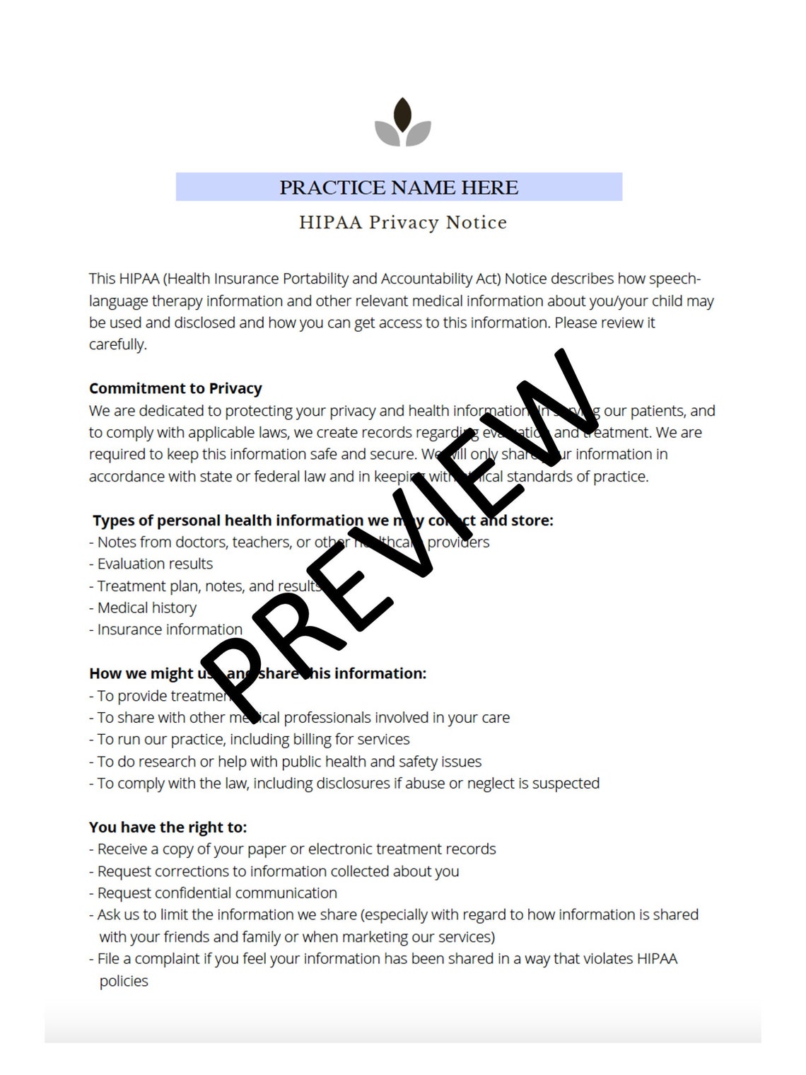 HIPAA Privacy Notice Form for Speech Therapy (editable, Fillable ...