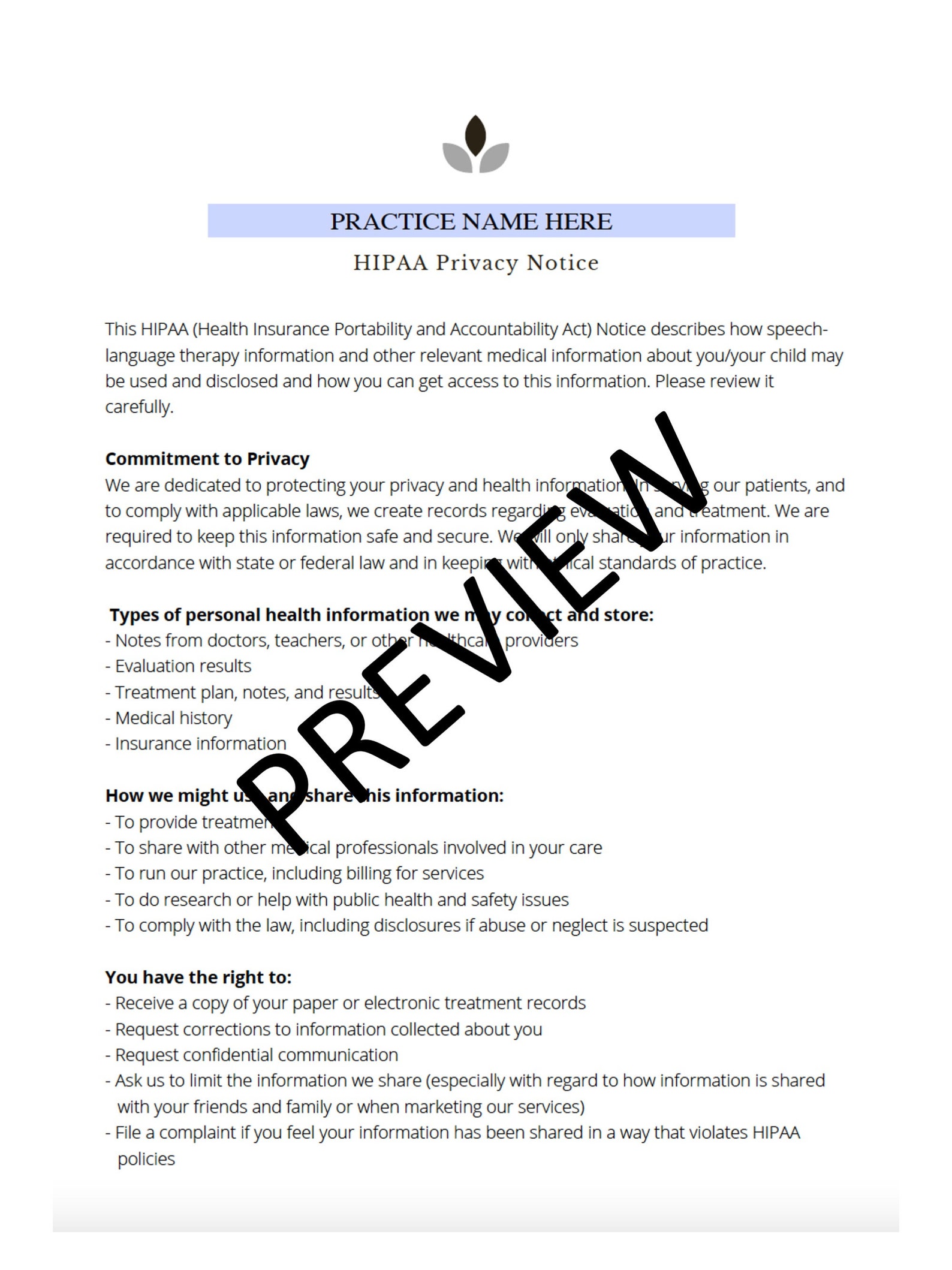 HIPAA Privacy Notice Form for Speech Therapy (editable, Fillable ...