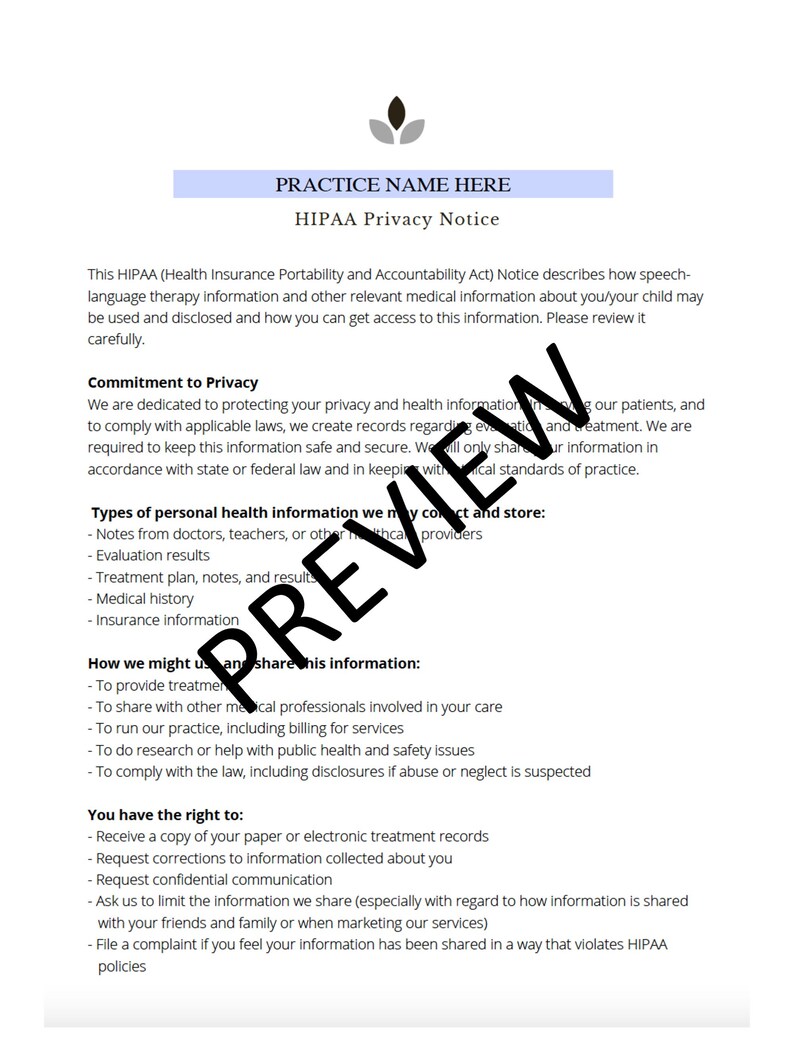HIPAA Privacy Notice Form for Speech Therapy (editable, Fillable ...
