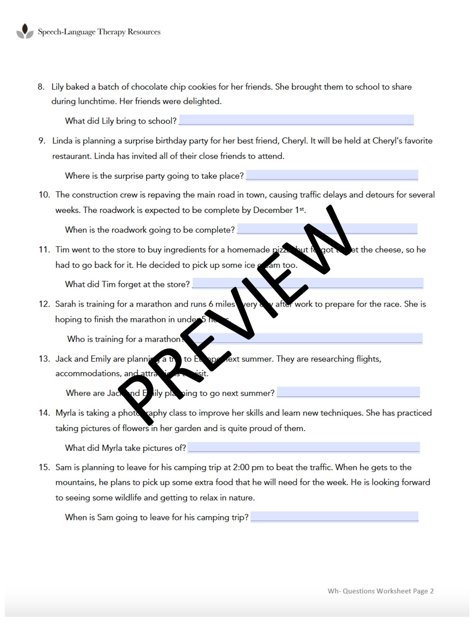 WH- Questions Worksheet for Speech Therapy (editable, Fillable ...
