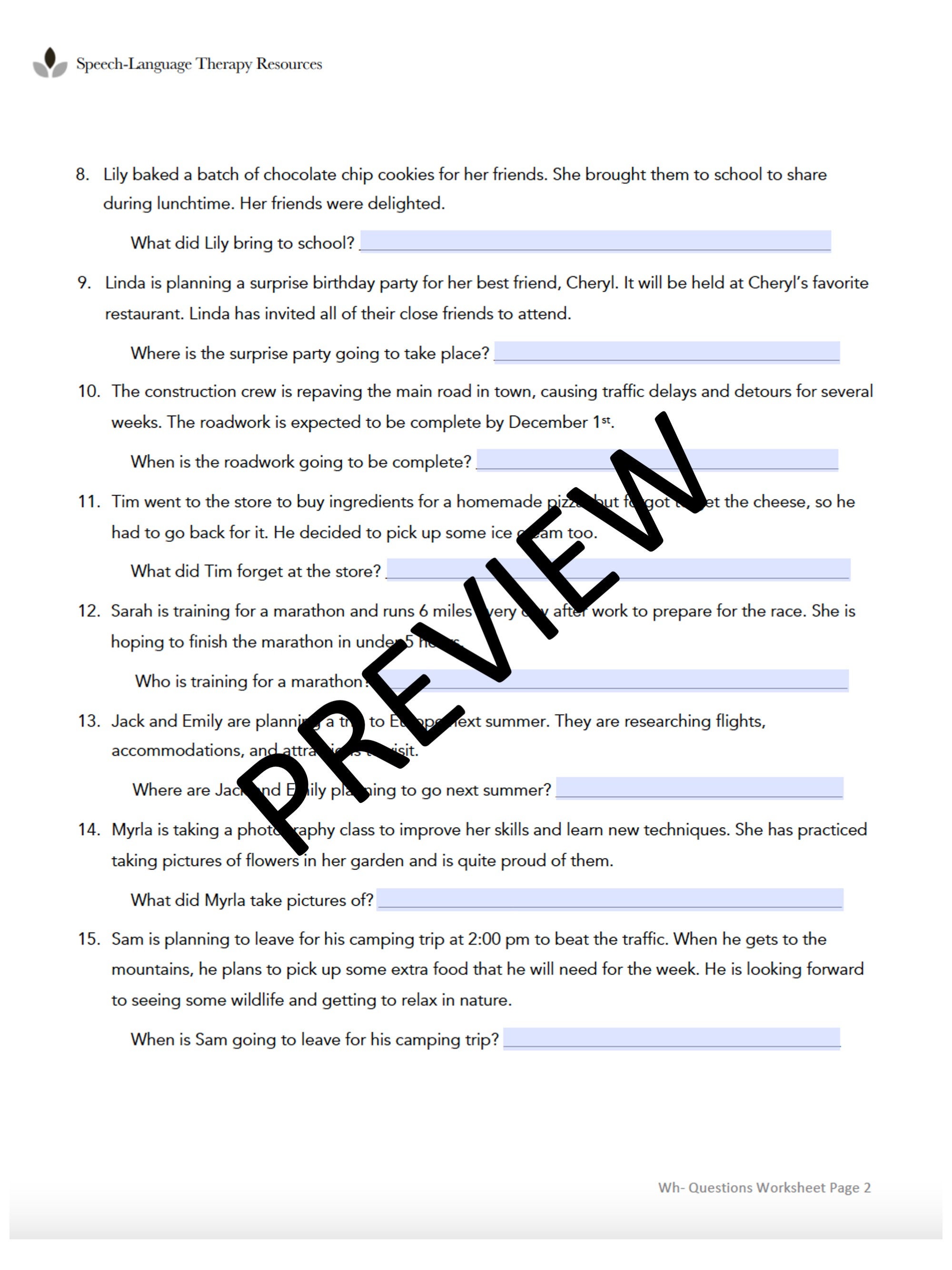 WH- Questions Worksheet for Speech Therapy (editable, Fillable ...