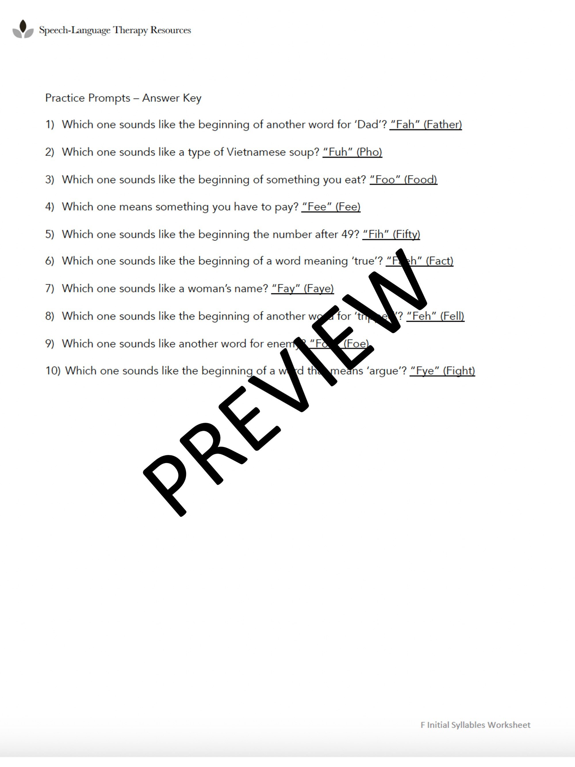 Initial /F/ Syllables Worksheet for Speech Therapy (printable PDF) - Etsy