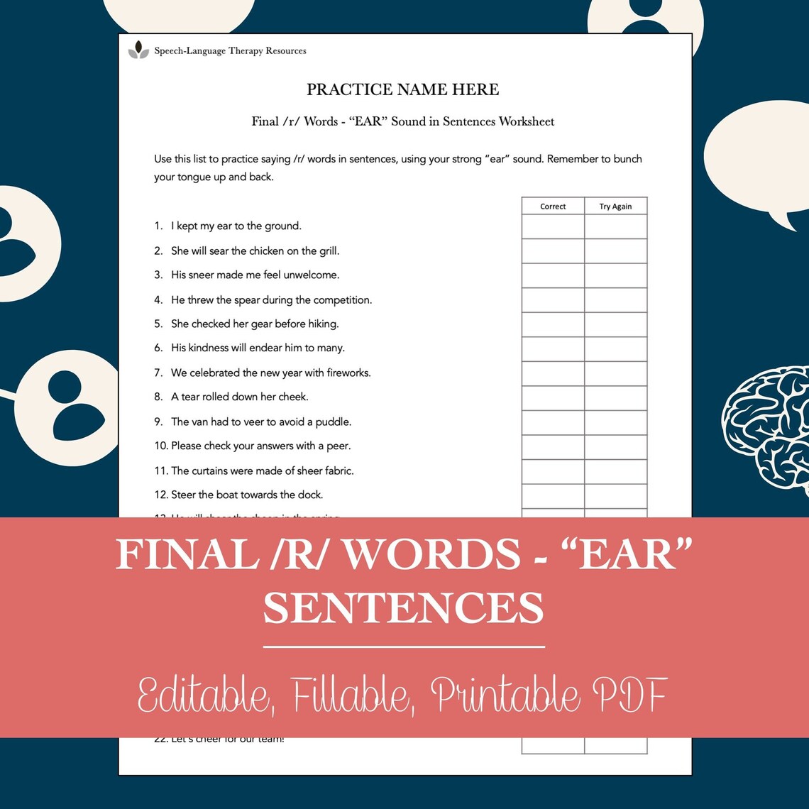 Final /R/ Words EAR Sentences Worksheet for Speech Therapy editable ...
