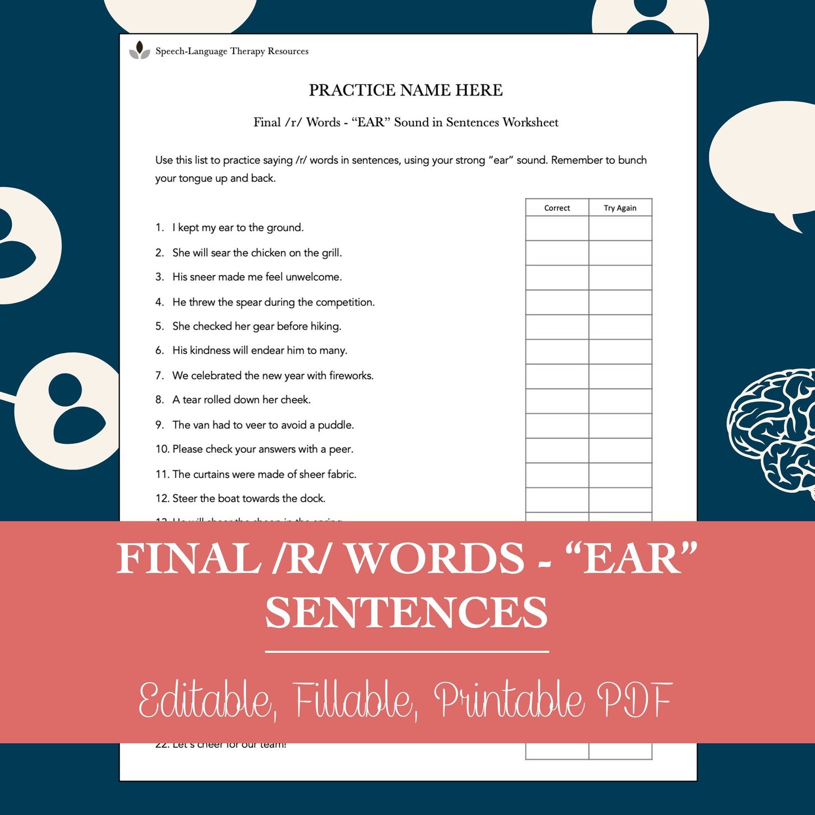 Final /R/ Words EAR Sentences Worksheet for Speech Therapy editable ...