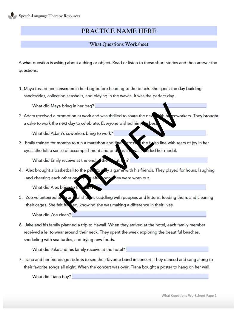 What Questions Worksheet for Speech Therapy (editable, Fillable ...