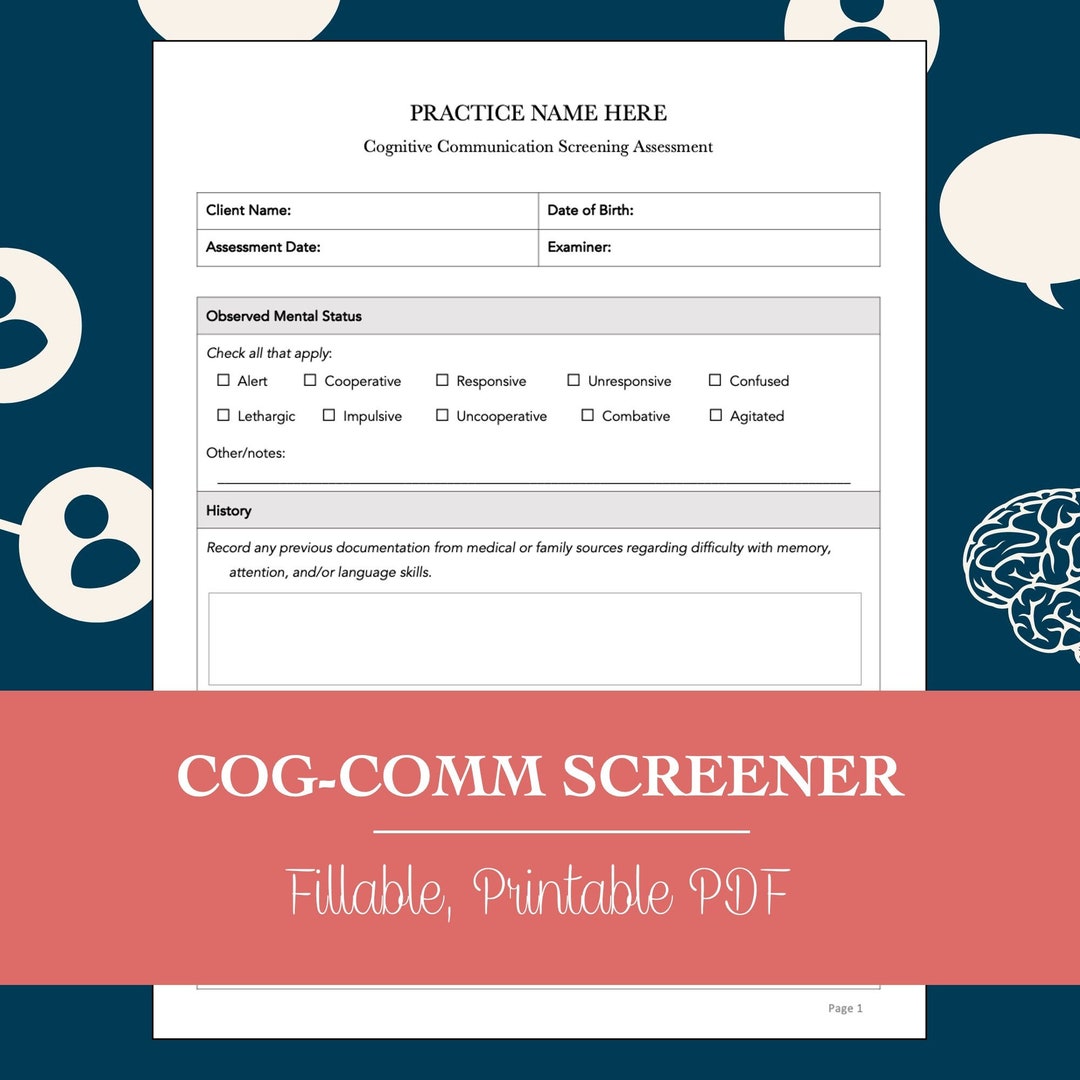 Cognitive Communication Screening Assessment Worksheet for Speech ...