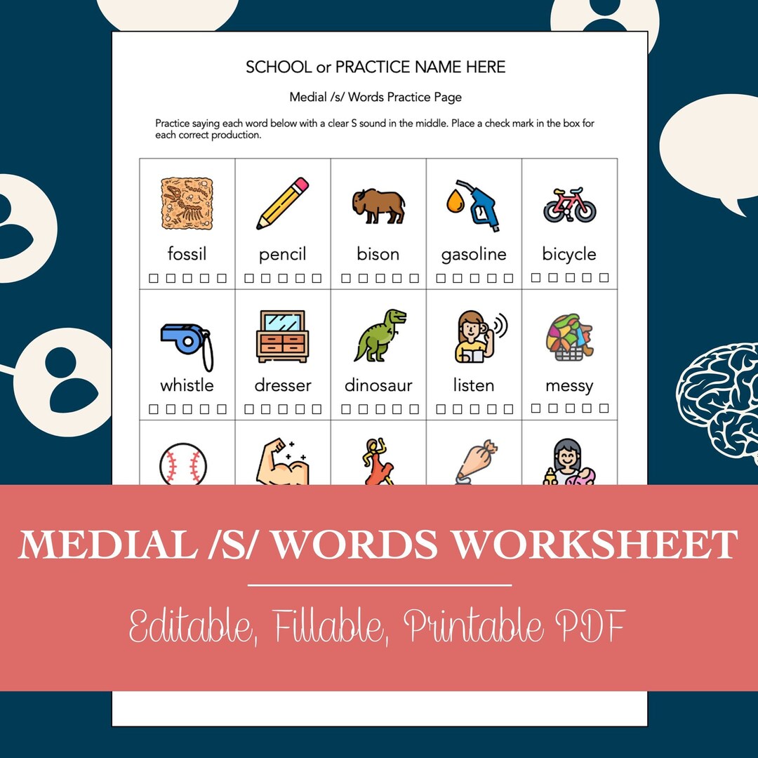 Medial /S/ Words in Pictures Worksheet for Speech Therapy (editable ...