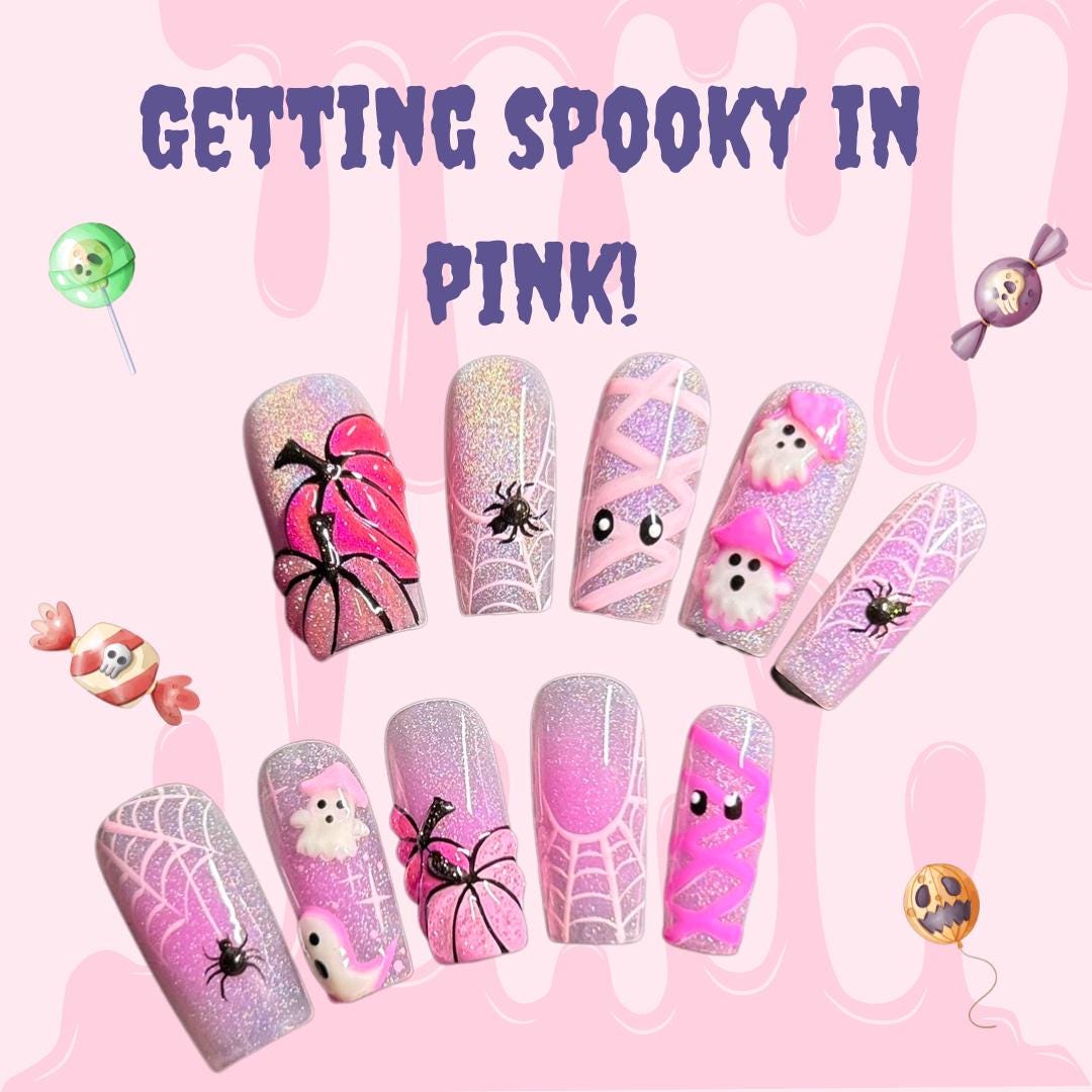 Cute Halloween Nails Pink Ghost Ghosts Nail 3d Handmade Fake Gel Long ...
