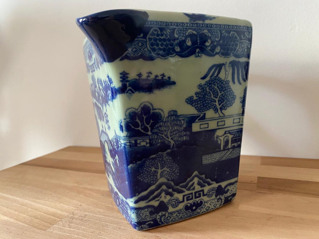 Antique Flow Blue Ironstone Jug: Victoria Ware Willow Pattern Pitcher ...