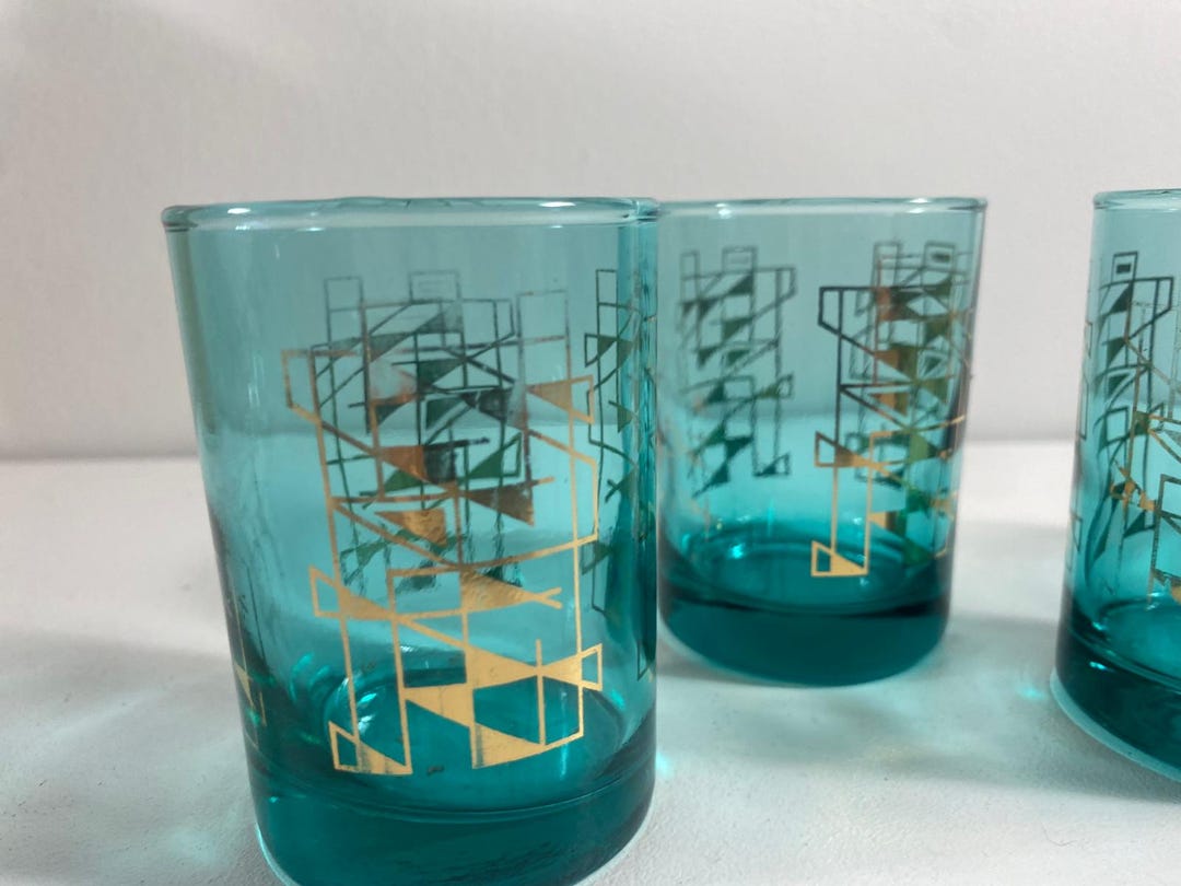 Teal Drinks Glasses, Teal and Gold, Mid-century Glasses, Geometric ...