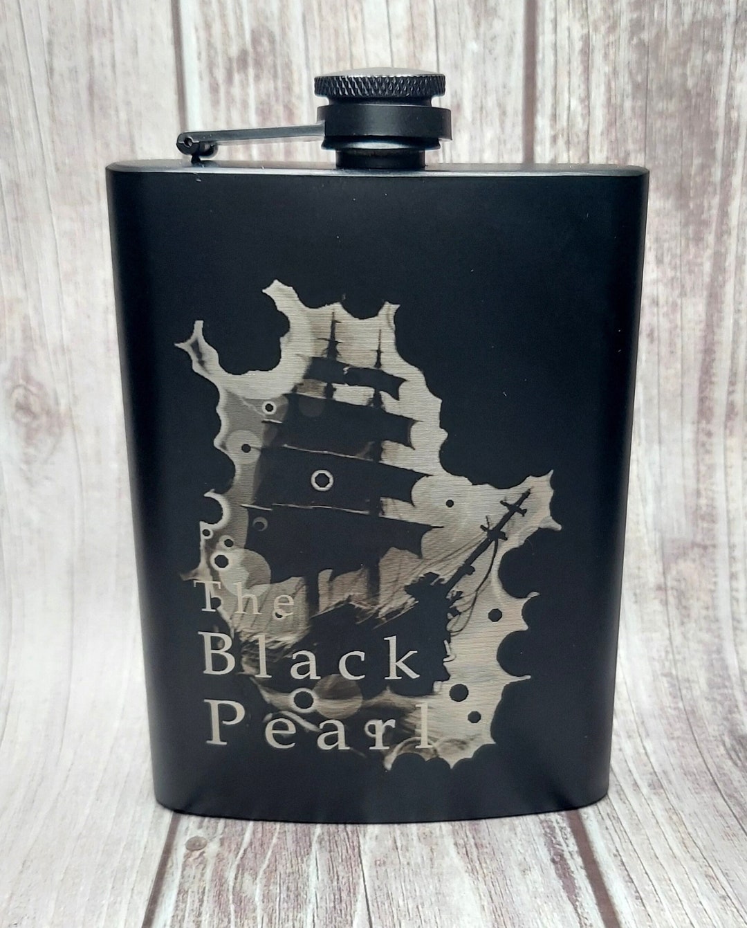 The Black Pearl Laser Engraved Black Stainless Hip Flask 8oz. - Etsy