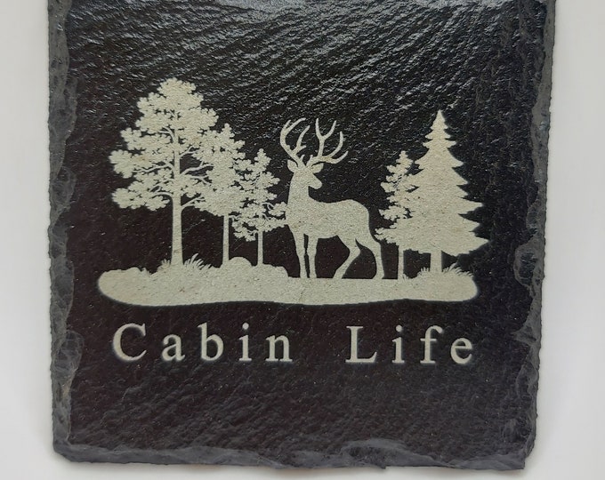 Whitetail Deer Scene - Cabin Life Set of 4 Laser Engraved Slate ...