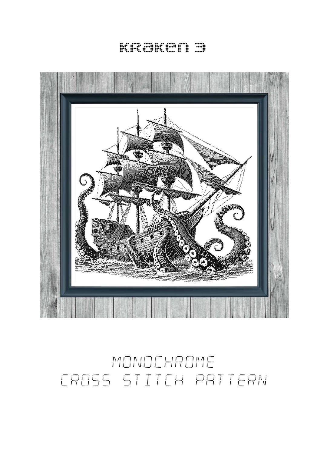 Kraken 3 - Minimalist Monochrome Cross-stitch Pattern – PDF Instant ...