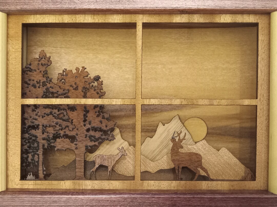 Wooden Diorama: a Window View to a Wildlife and Mountain Sunset. Hand ...