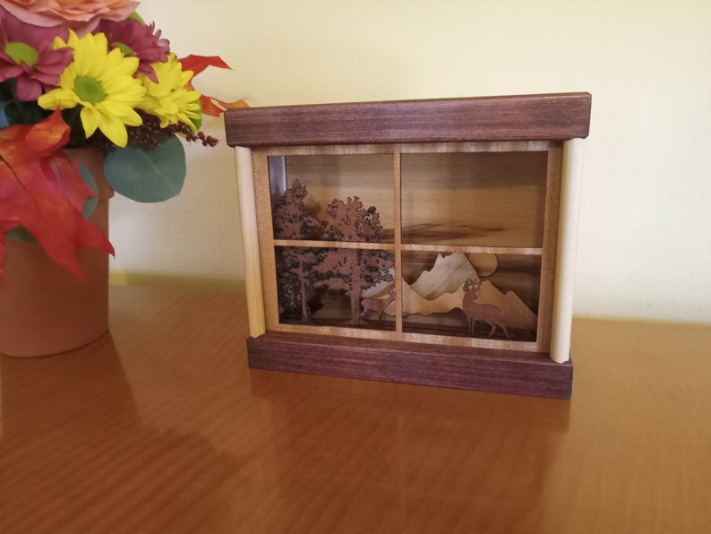 Wooden Diorama: a Window View to a Wildlife and Mountain Sunset. Hand ...
