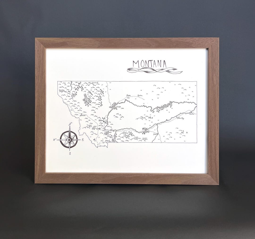 Hand-drawn Montana Map - Framed Fine Art Print - Etsy