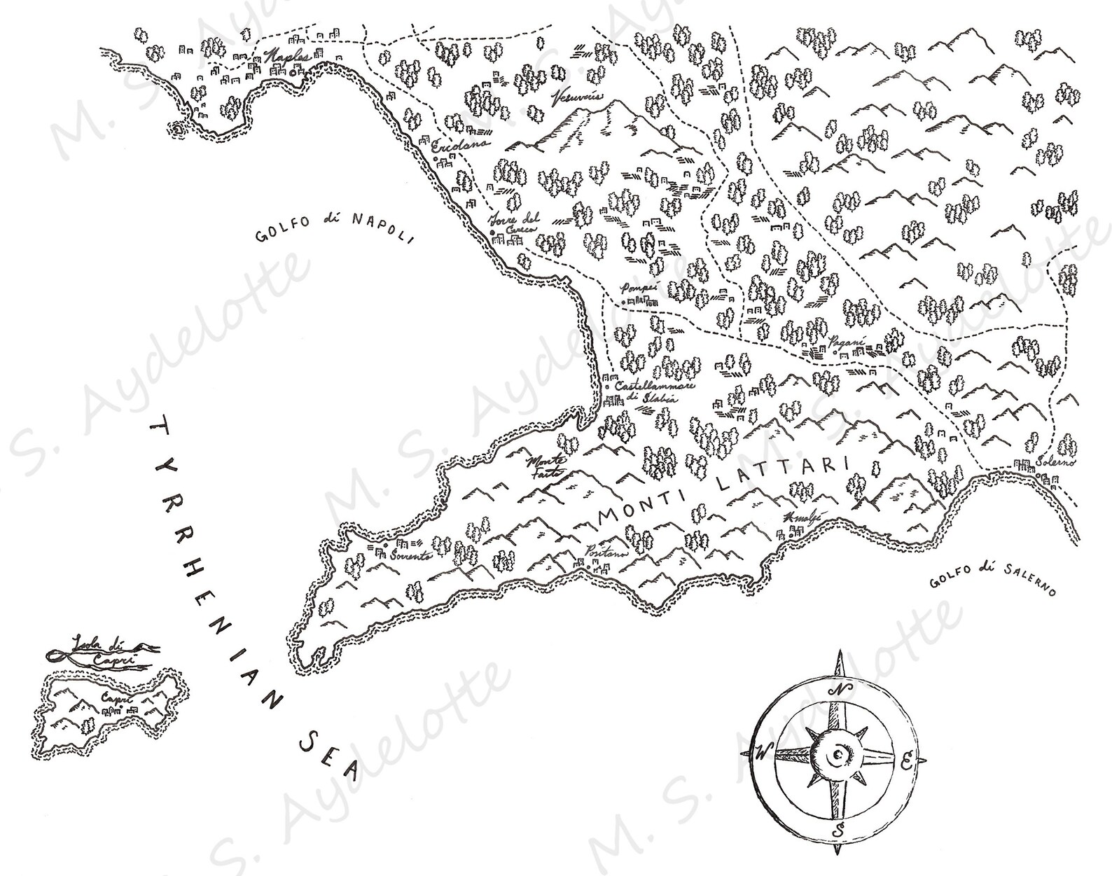 Hand-drawn Southern Italy Map - Amalfi Coast, Capri, Naples, Pompeii ...