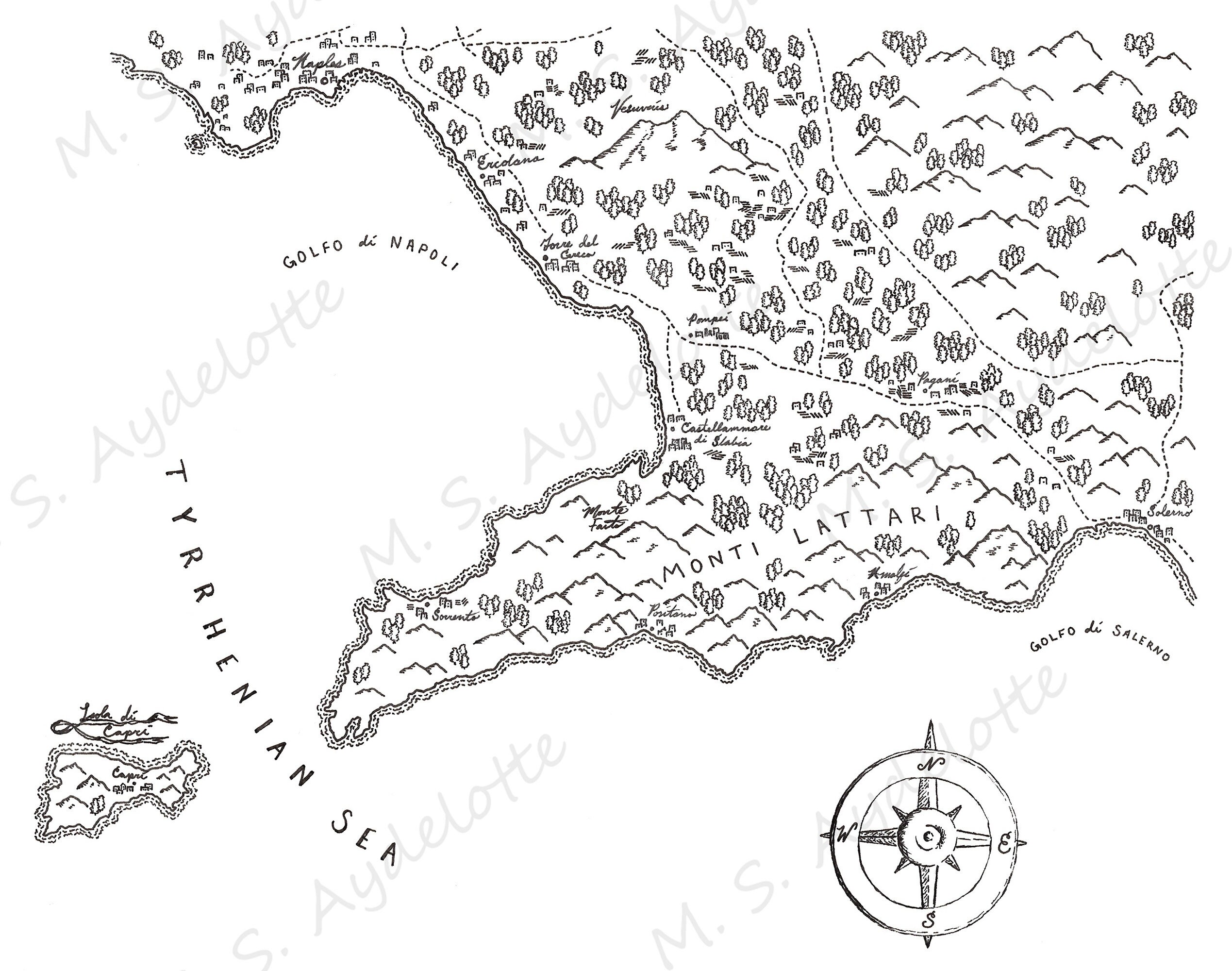Hand-drawn Southern Italy Map - Amalfi Coast, Capri, Naples, Pompeii ...