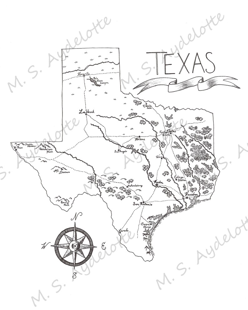 Hand-drawn Texas Map Framed Print - Etsy