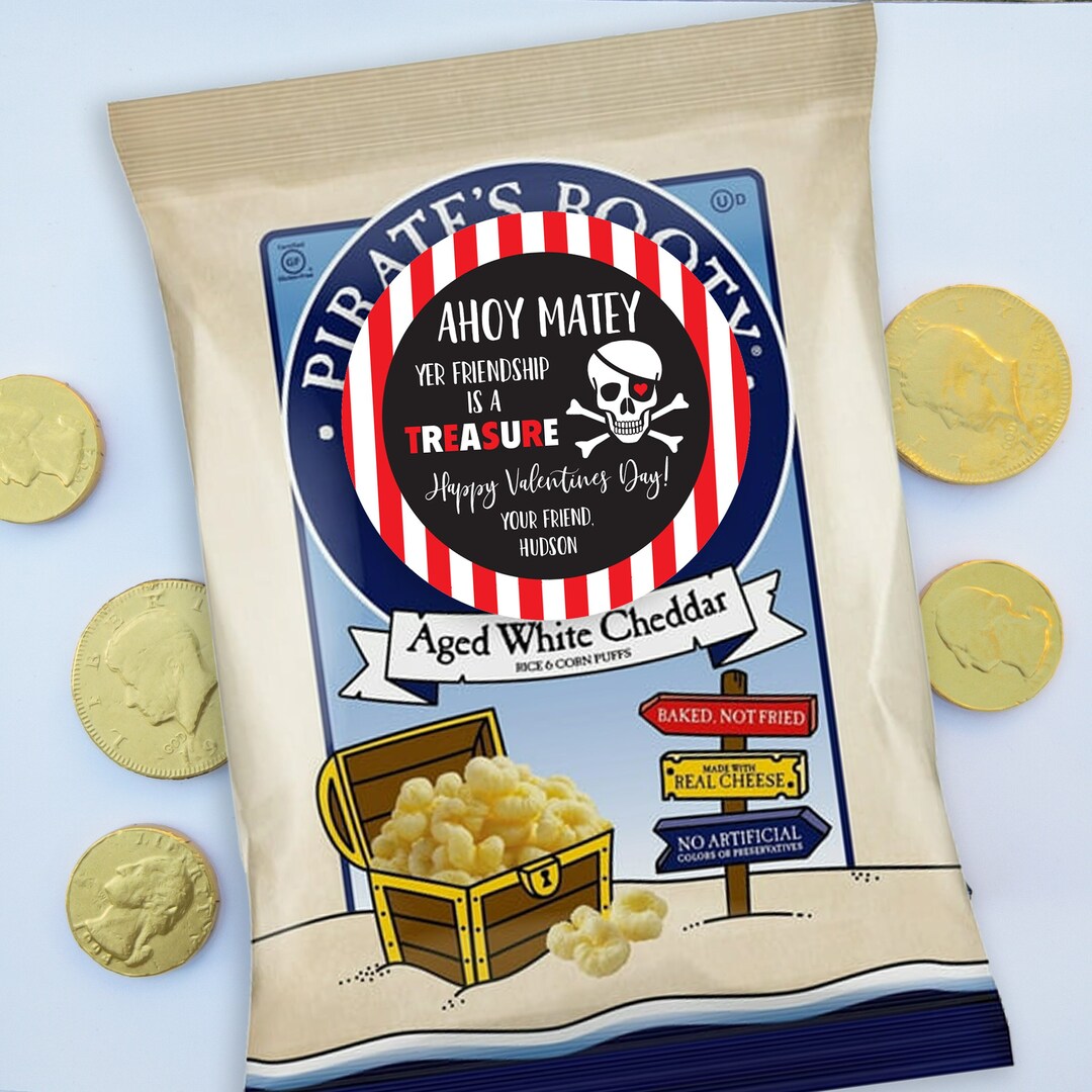 Pirate's Booty Popcorn Valentine Sticker 2", Classroom Kids Valentine ...