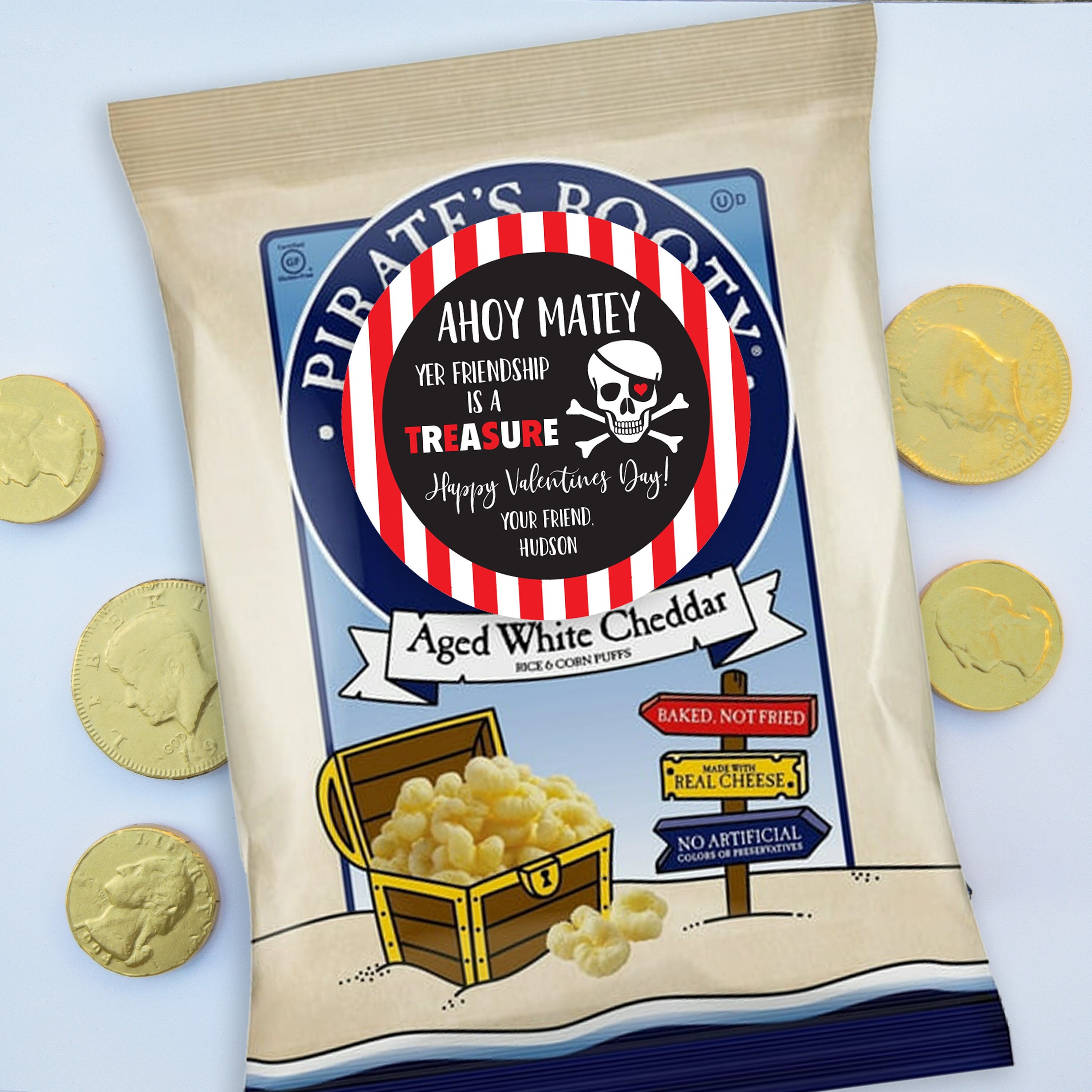 Pirate's Booty Popcorn Valentine Sticker 2", Classroom Kids Valentine ...