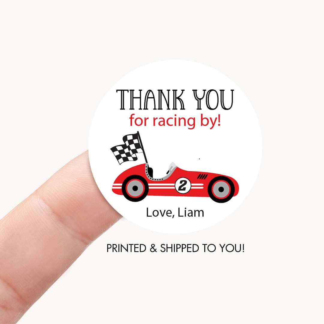 Race Car Thank You Favor Sticker 2" Circle, Red Racing Birthday Party ...