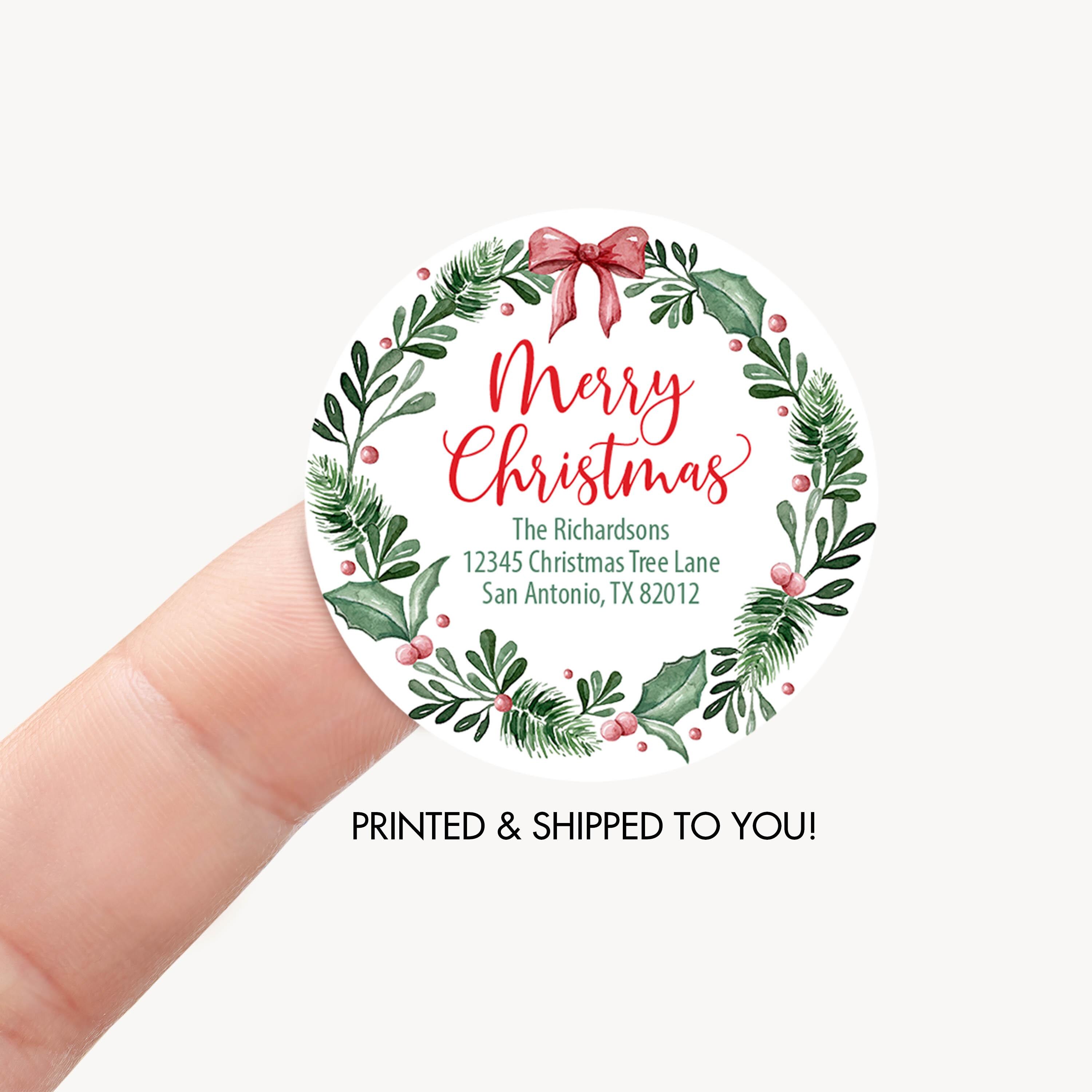 Christmas Card Address Label Sticker Round, Wreath Bow Personalized ...