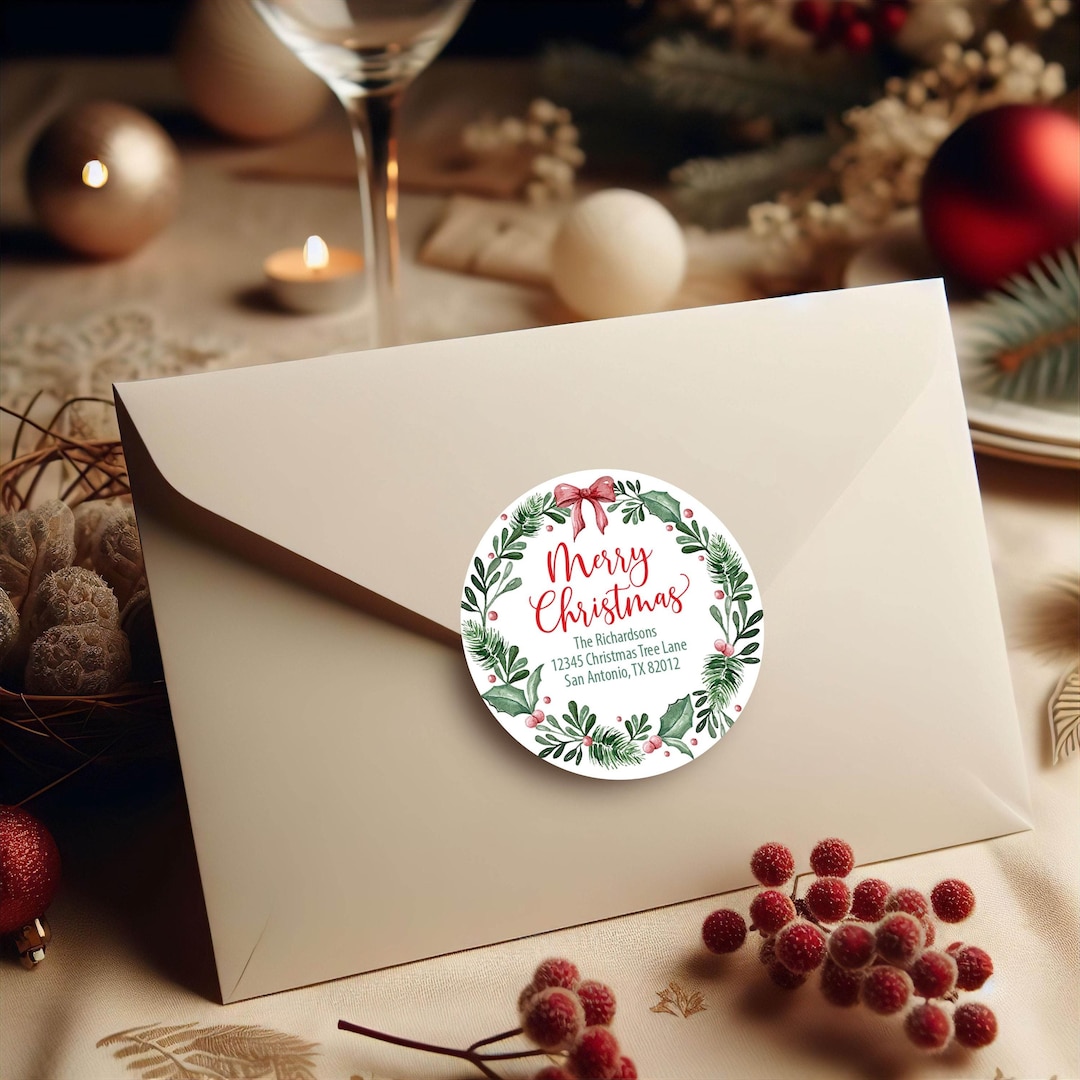 Christmas Card Address Label Sticker Round, Wreath Bow Personalized ...
