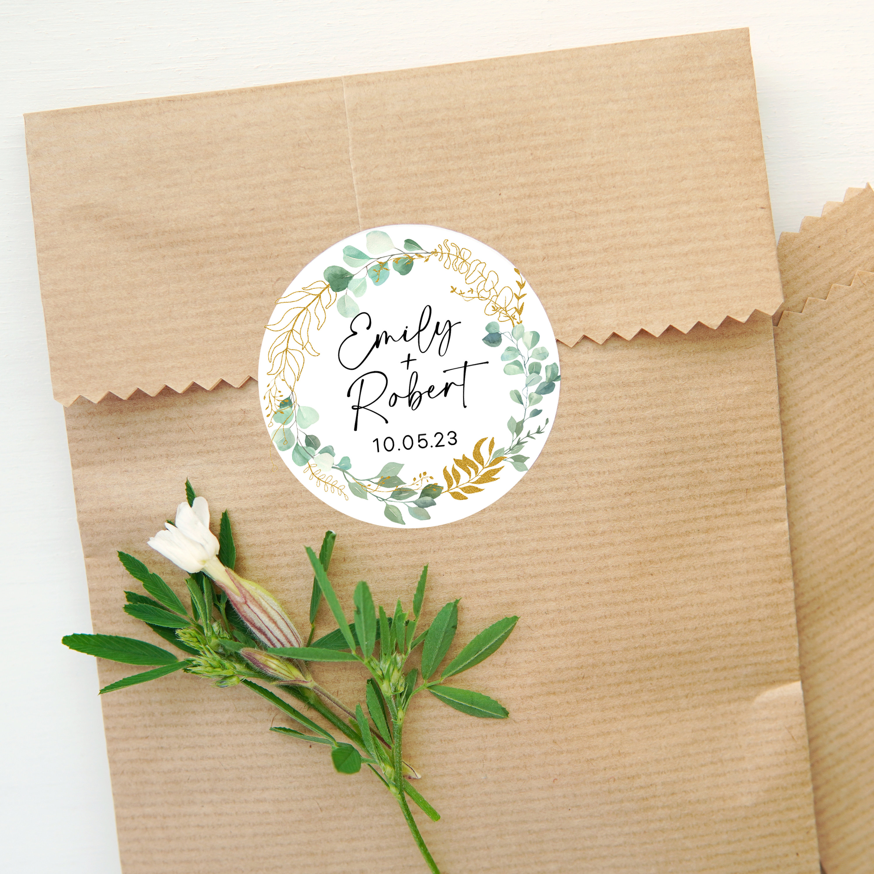 Greenery Wedding Favor Stickers, Green Gold Wreath Couples Name Labels ...