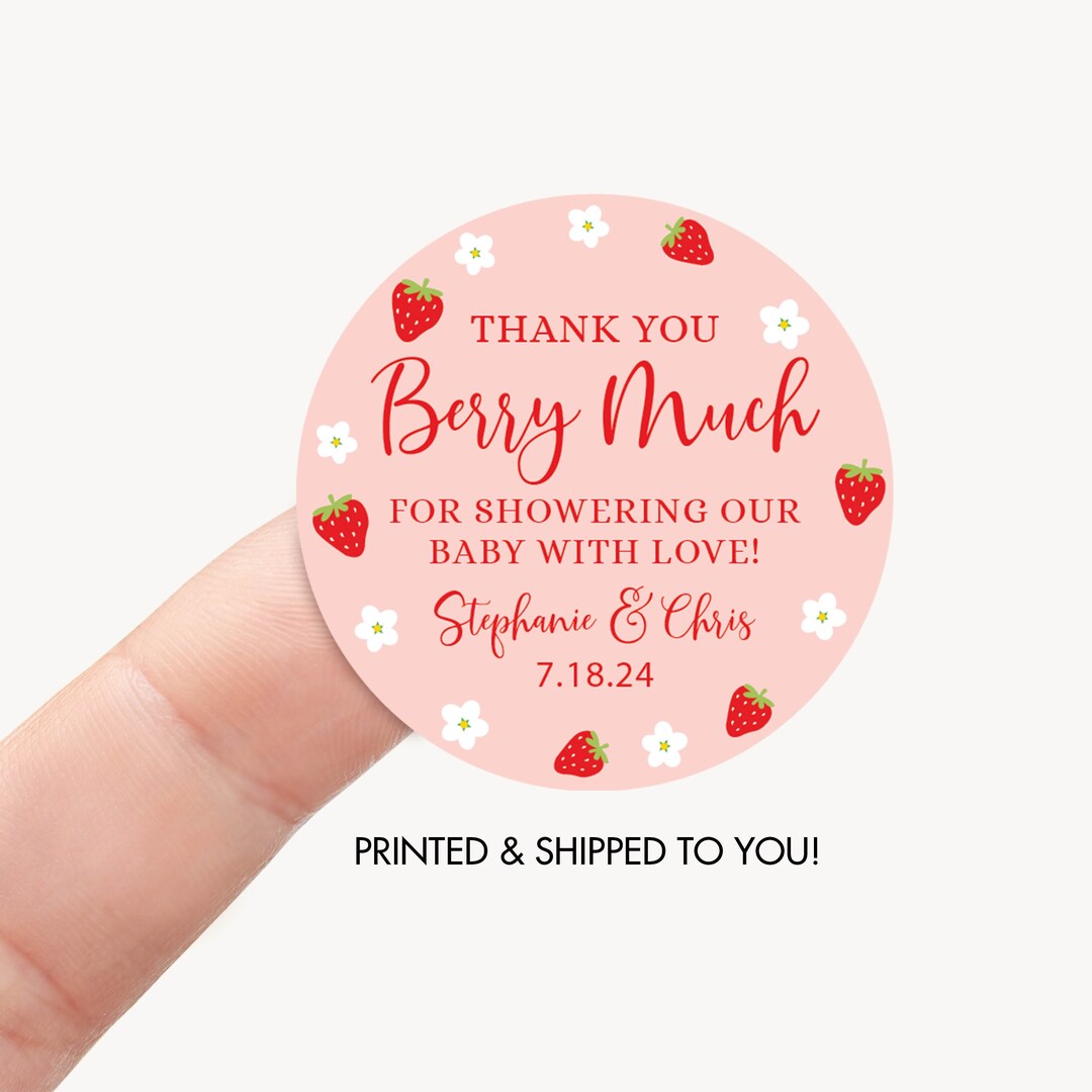 Strawberry Baby Shower Thank You Favor Sticker, Pink Red Berry Sweet ...