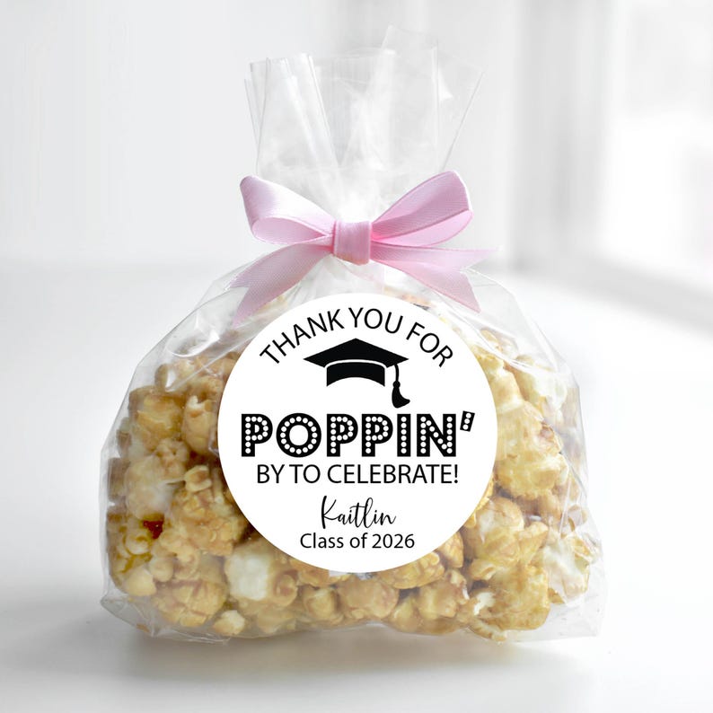 Graduation Popcorn Favor Sticker, Thank You for Poppin' by Graduation ...