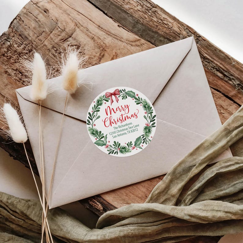 Christmas Card Address Label Sticker Round, Wreath Bow Personalized ...