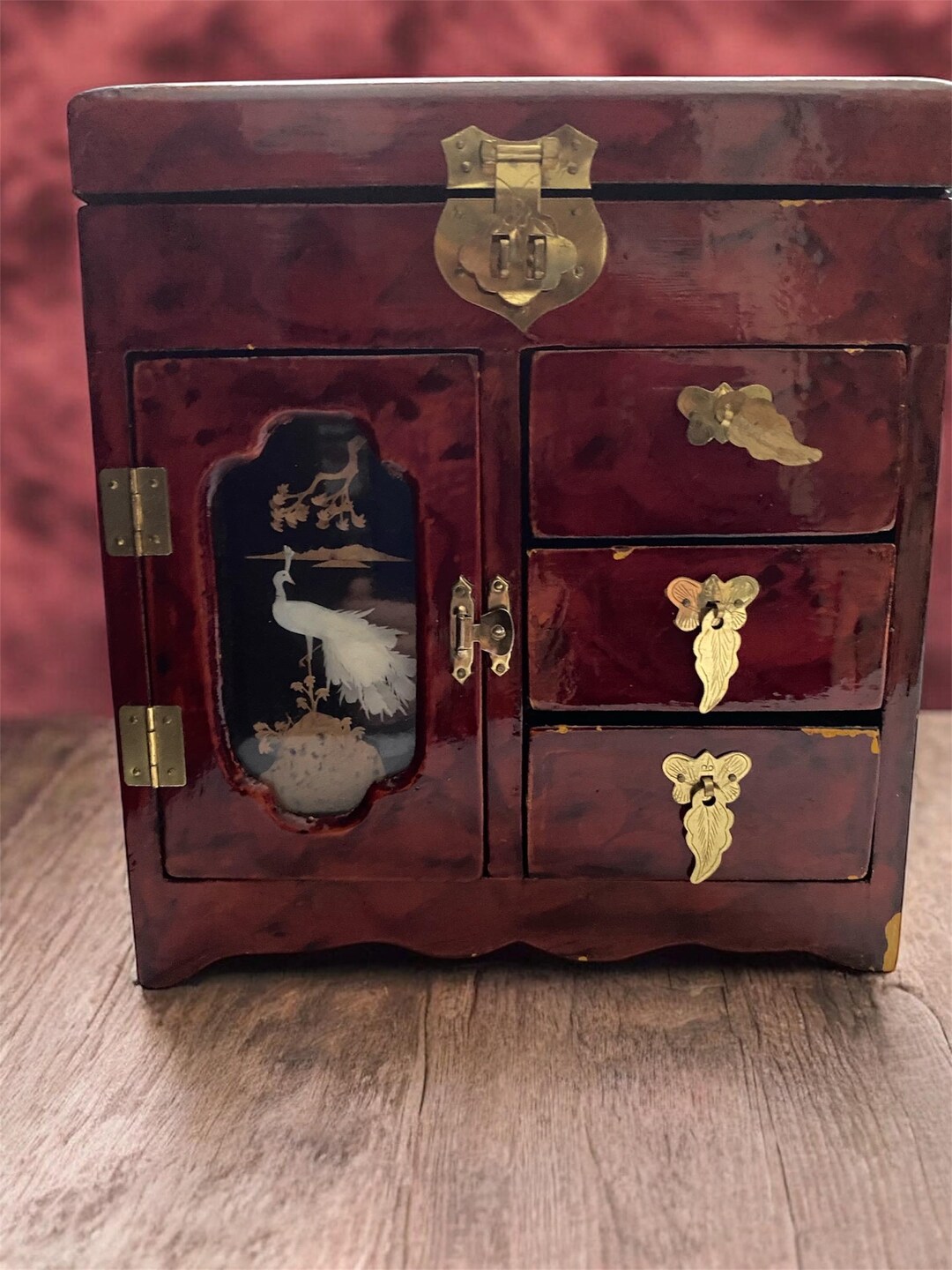 Vintage Chinese Lacquered Jewelry Box Cork Diorama Pine & Crane ...