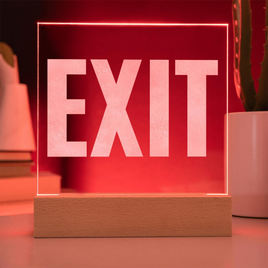 Battery-operated LED Exit Sign With Wood Base, Etched Acrylic Lighted ...