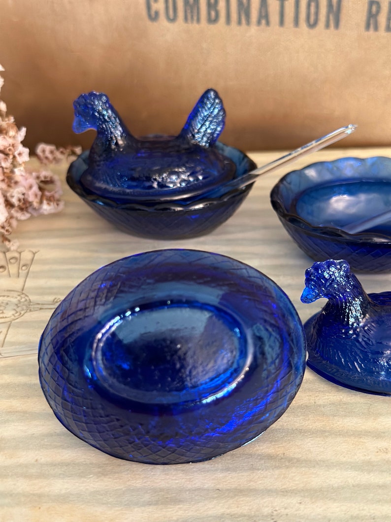 Cobalt Blue Miniature Hen on Nest Salt Cellars, 4 Available With Glass ...