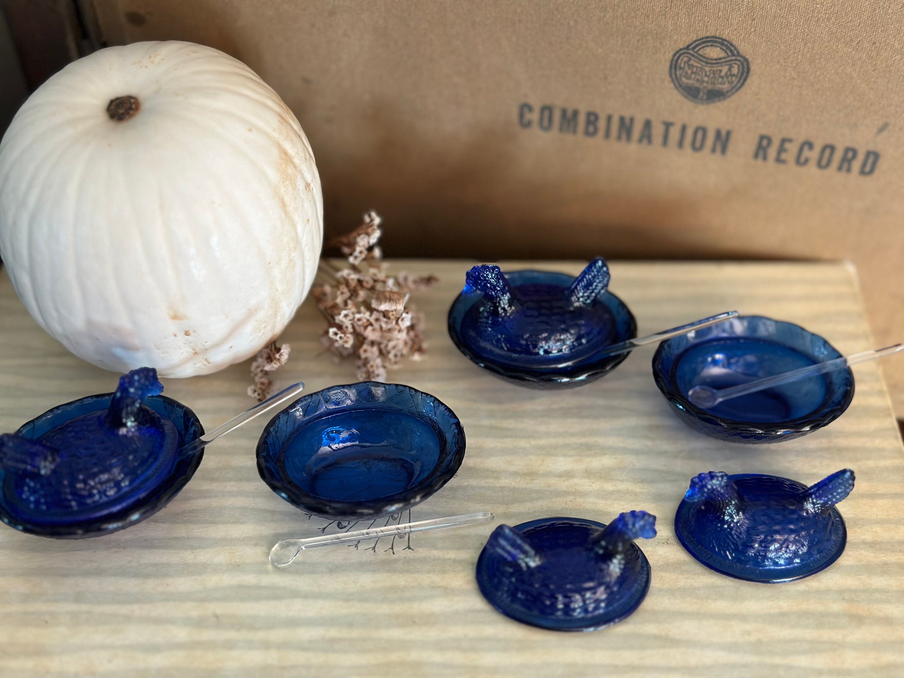 Cobalt Blue Miniature Hen on Nest Salt Cellars, 4 Available With Glass ...