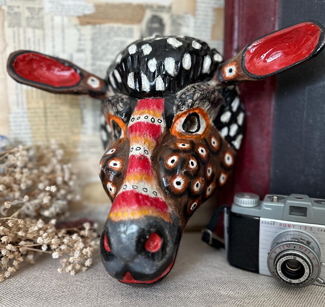 Carved Wood Folk Mask Sheep Wall Decor Hand Painted Rustic Folk Art ...