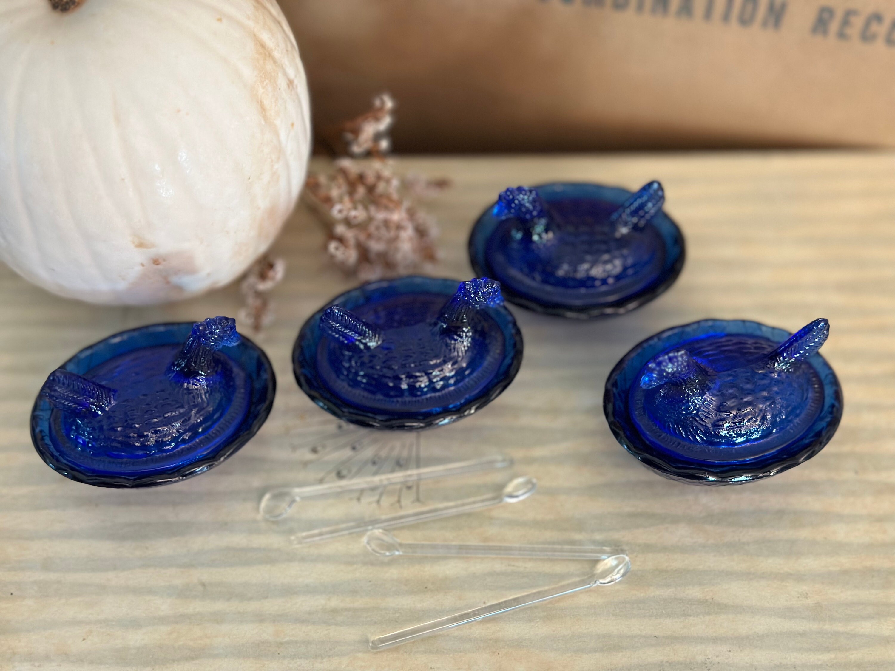Cobalt Blue Miniature Hen on Nest Salt Cellars, 4 Available With Glass ...